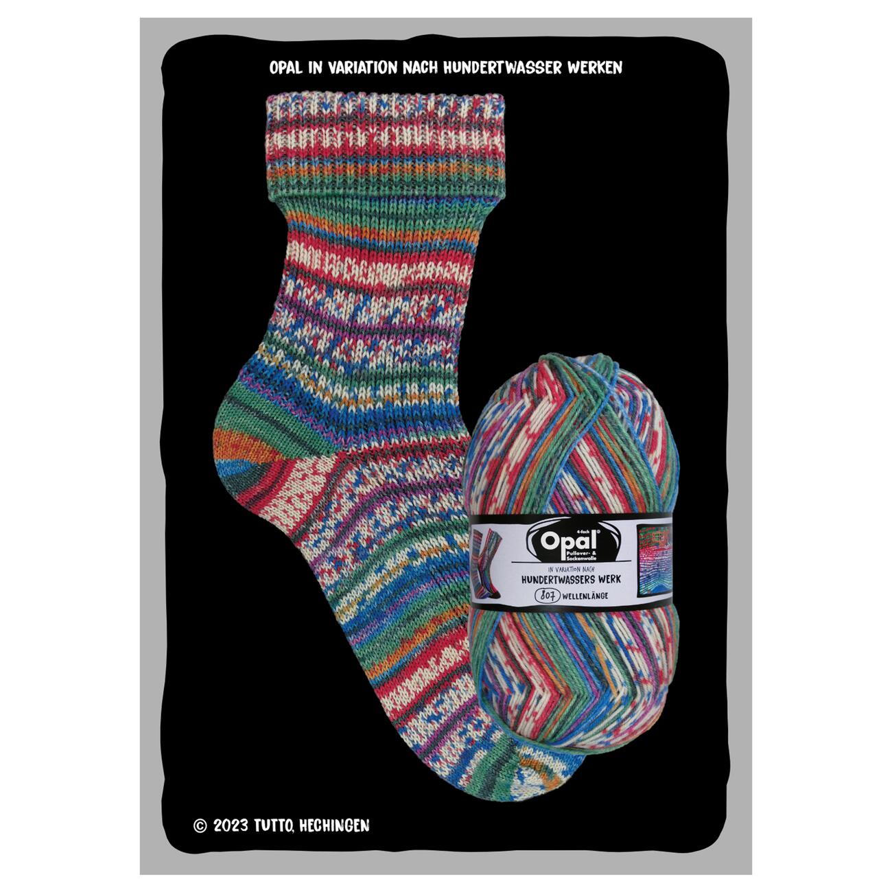 Pullover- und Sockenwolle 4-fach in Variation nach Hundertwasser-Werken von Opal, 16 versch. Farben