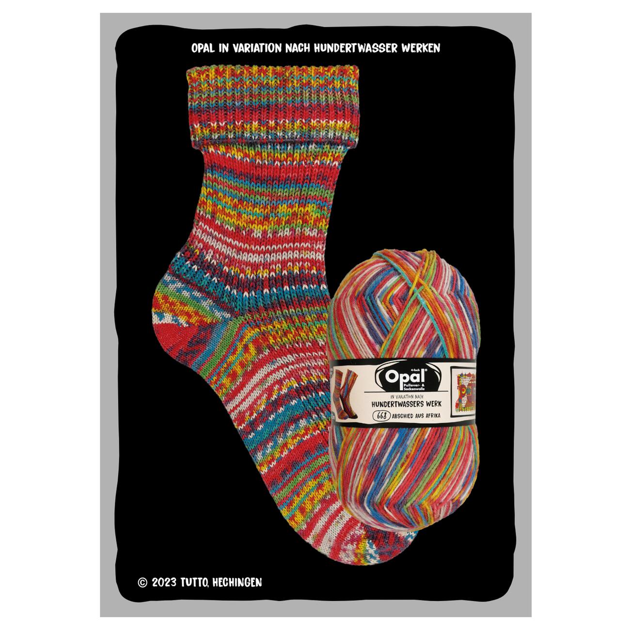 Pullover- und Sockenwolle 4-fach in Variation nach Hundertwasser-Werken von Opal, 16 versch. Farben